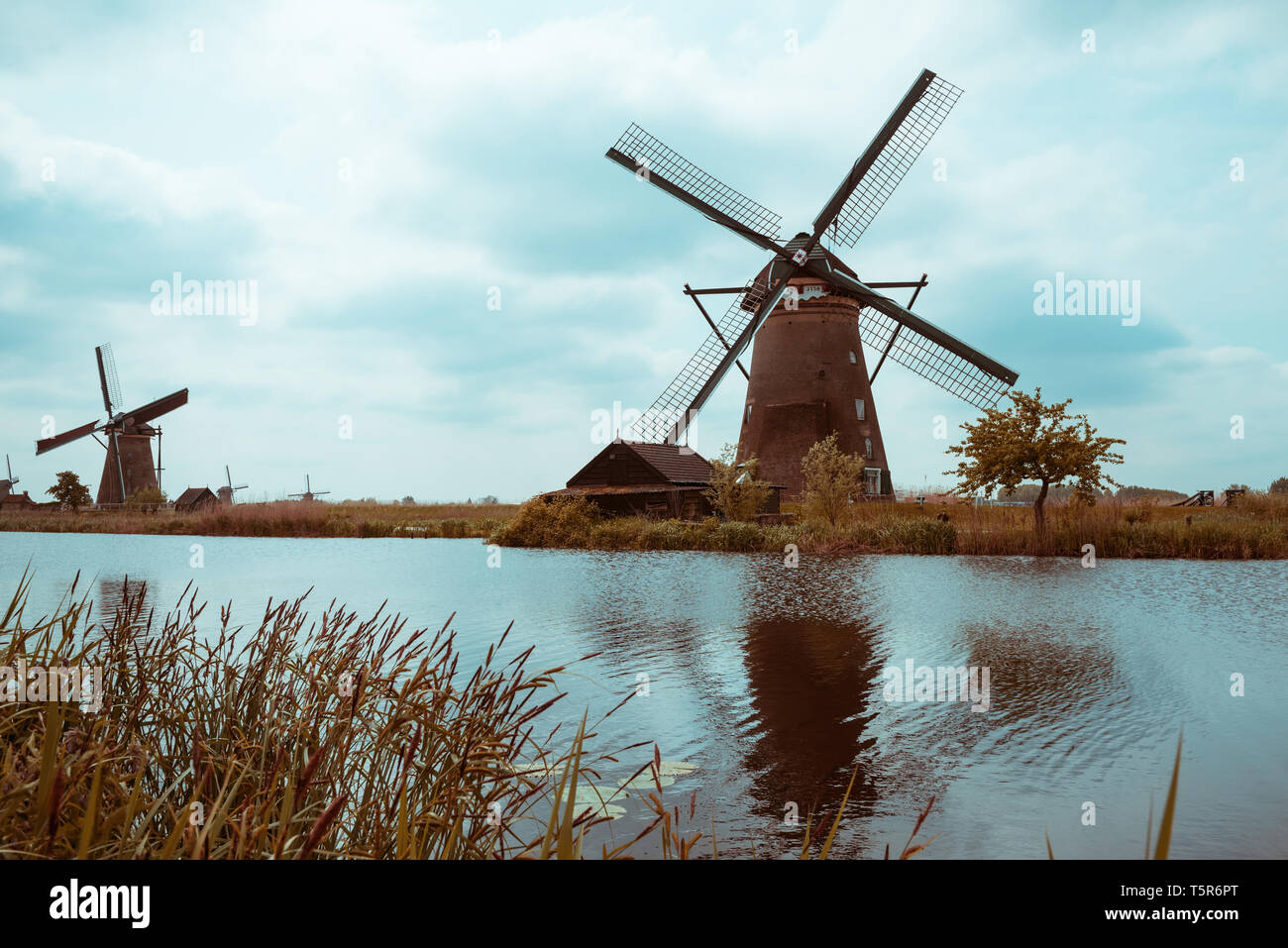Traditional Dutch windmills retro color stylized Stock Photo - Alamy