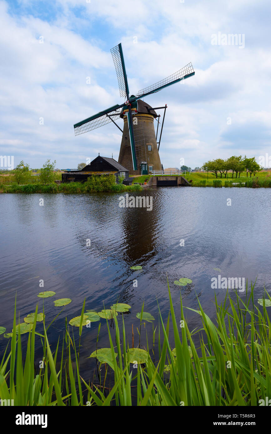 Traditional Dutch windmill on the canal bank in Kinderdijk Netherlands ...