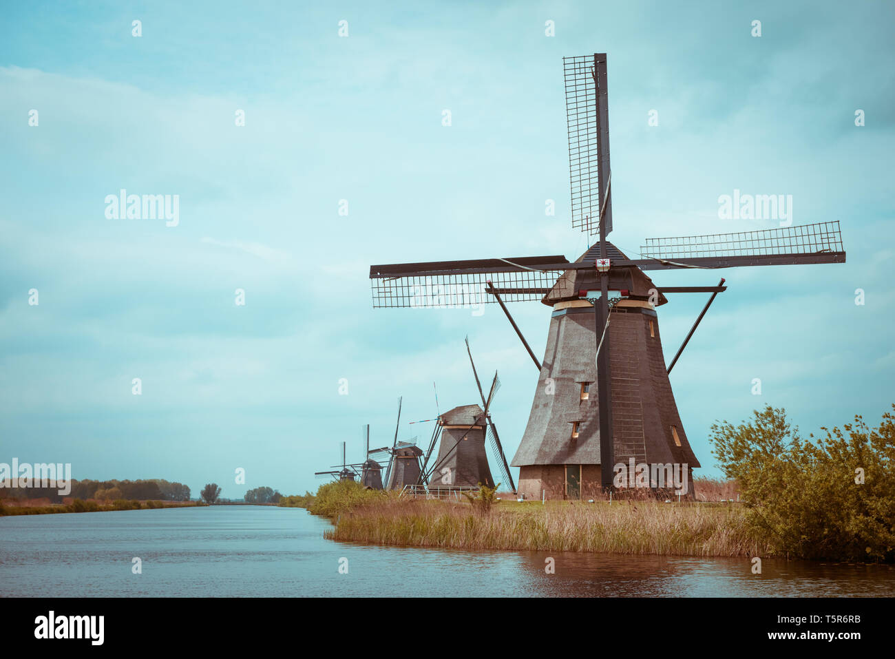 Traditional Dutch windmills on a canal bank in Nethelands vintage color ...
