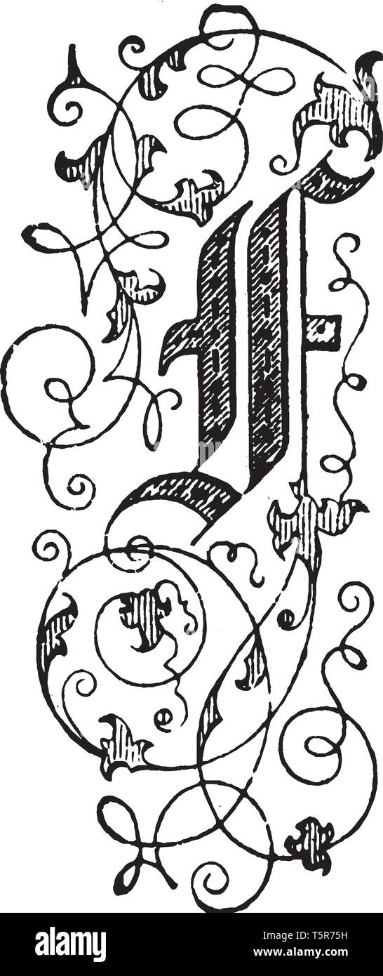 An ornamental and floral capital letter F, vintage line drawing or ...