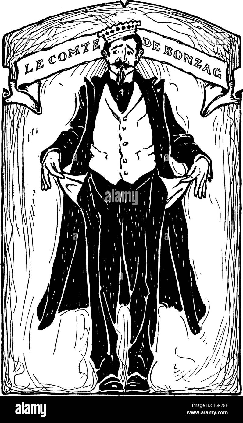 A man showing his empty pockets, vintage line drawing or engraving ...