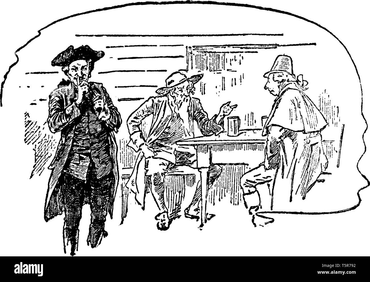 Three men talking, two of them sitting at table, vintage line drawing ...