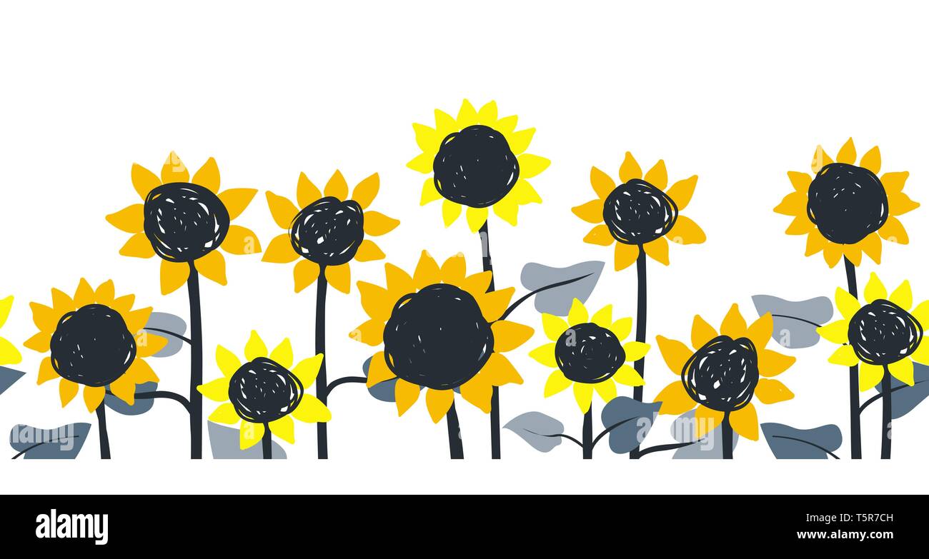 Sunflowers. Vector horizontal border seamless pattern. Hand drawn ...