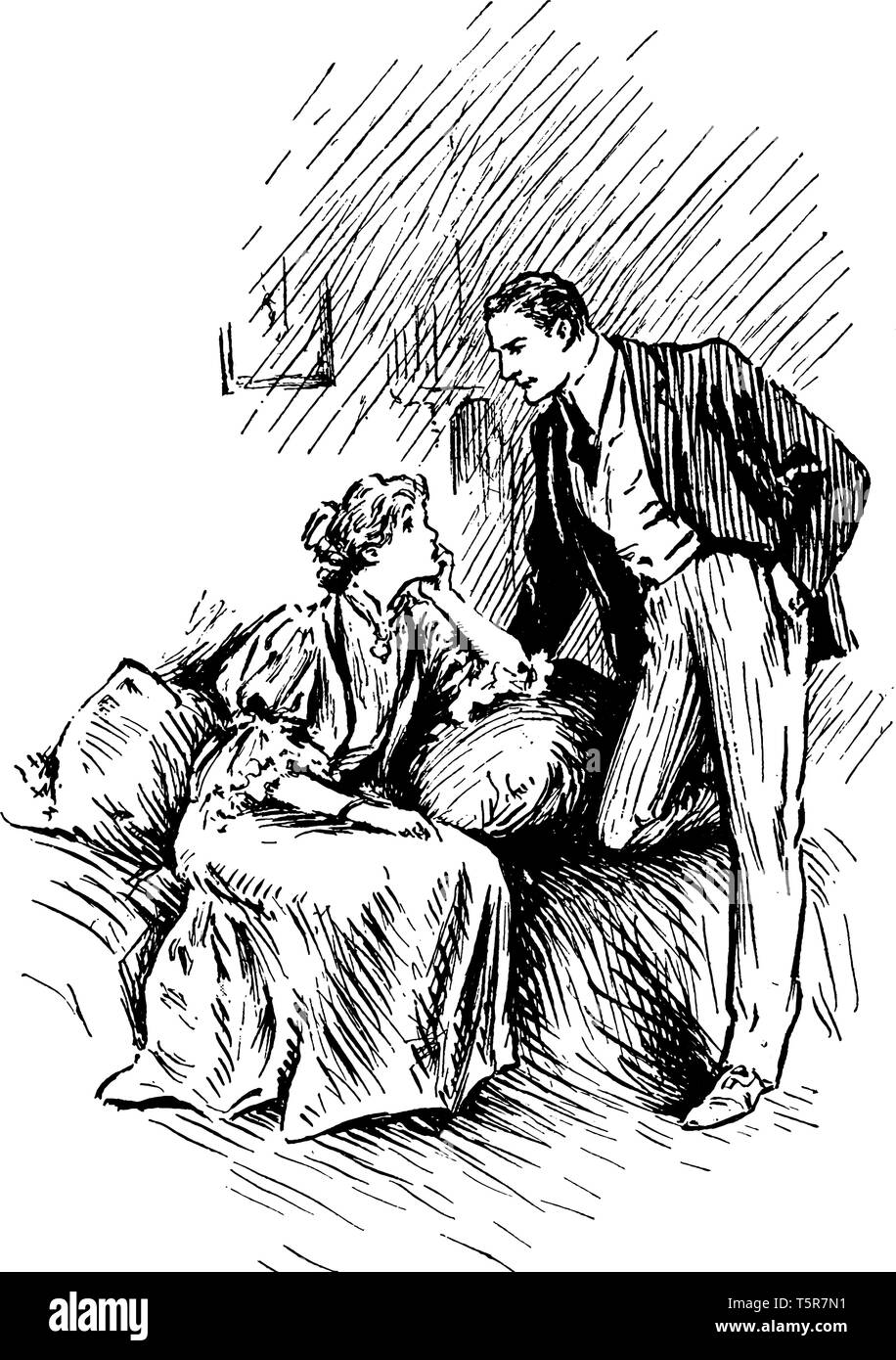 A man talking to woman sitting on couch, vintage line drawing or ...