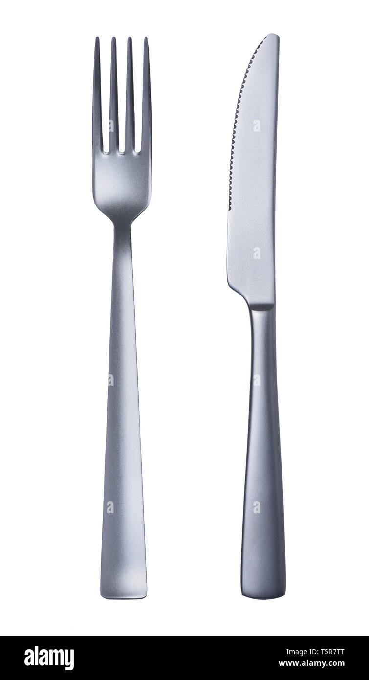 Silver matted metal knife and fork isolated on white background Stock ...