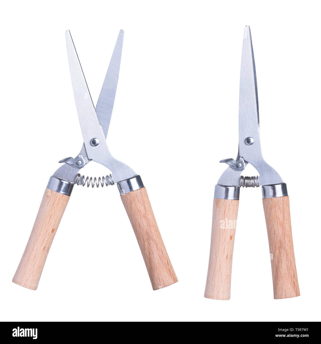 Gardening scissors with wooden handle open and closed isolated on white ...