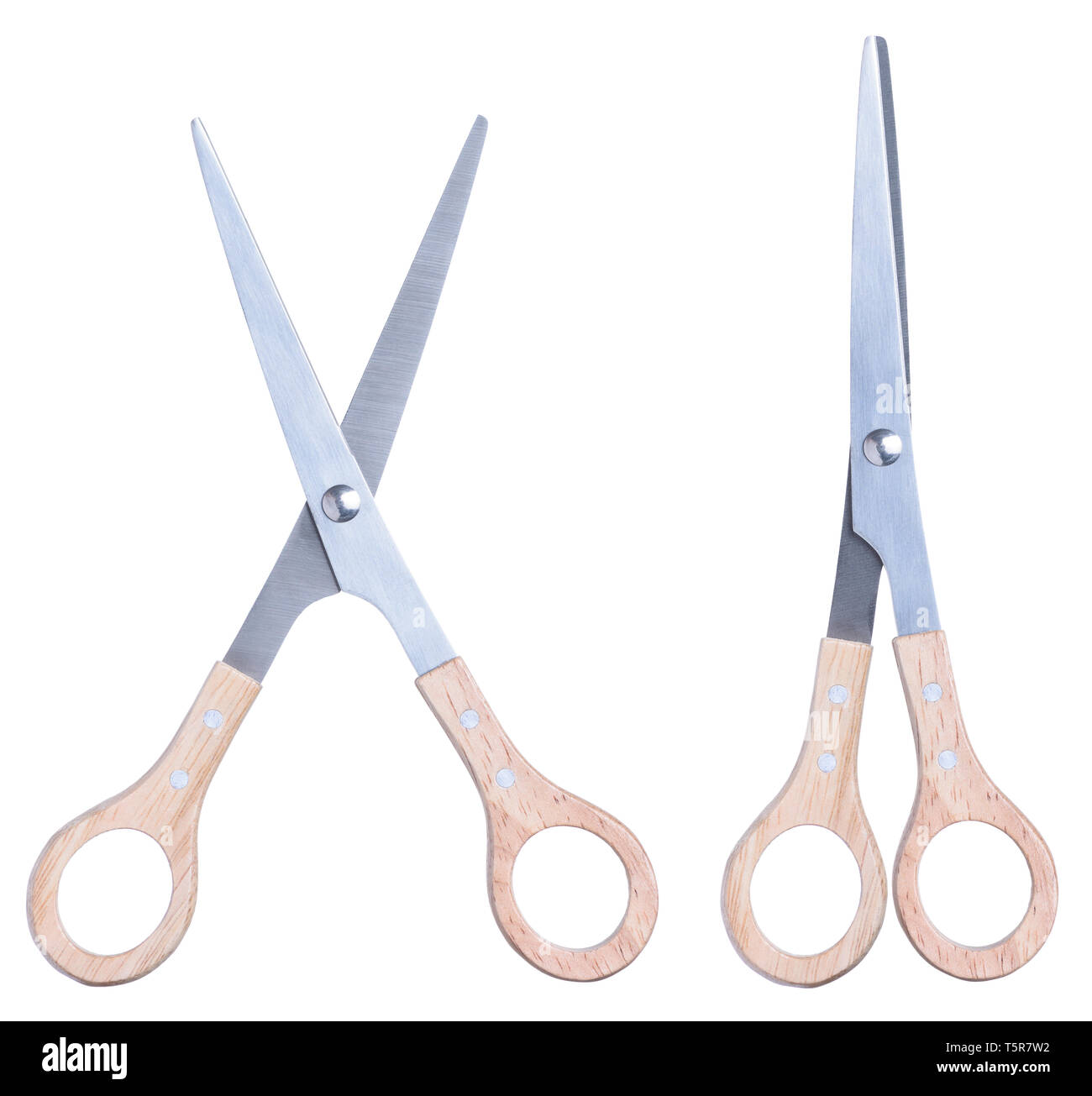 Scissors with wooden handle, open and closed, isolated on white ...