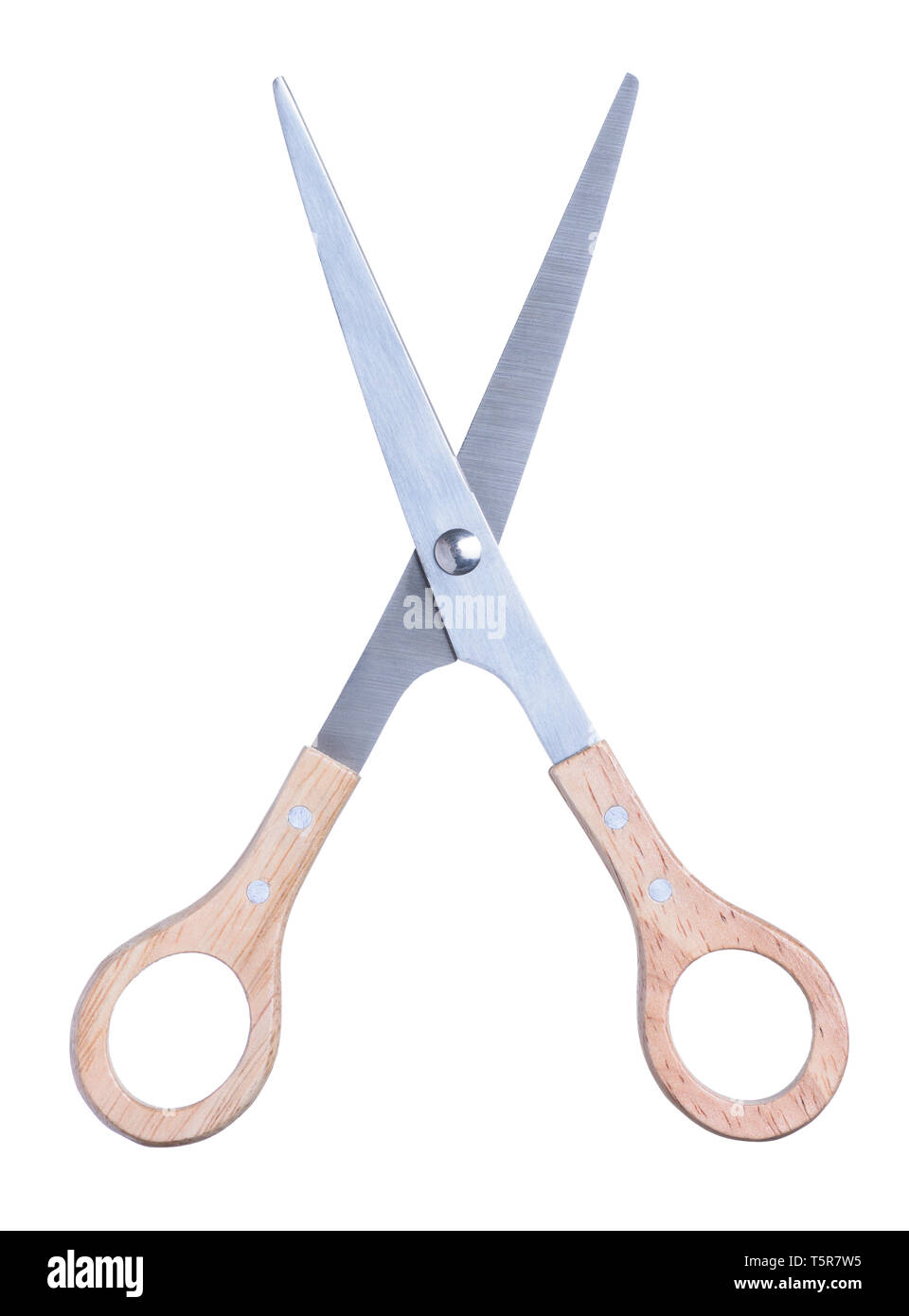 Scissors with wooden handle, open, isolated on white background Stock ...
