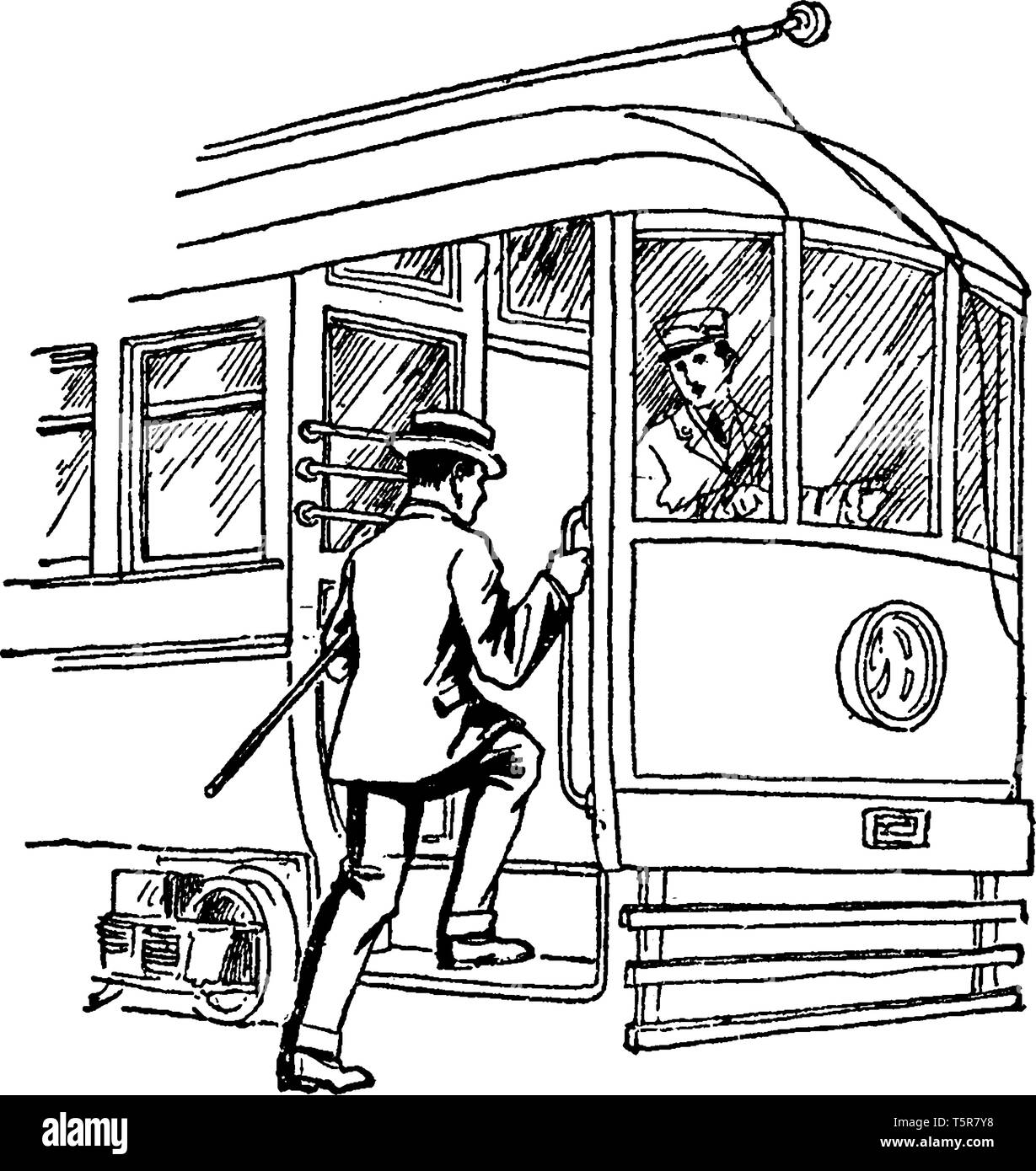 Man Boarding Tram is a rail vehicle which runs on tracks along public ...