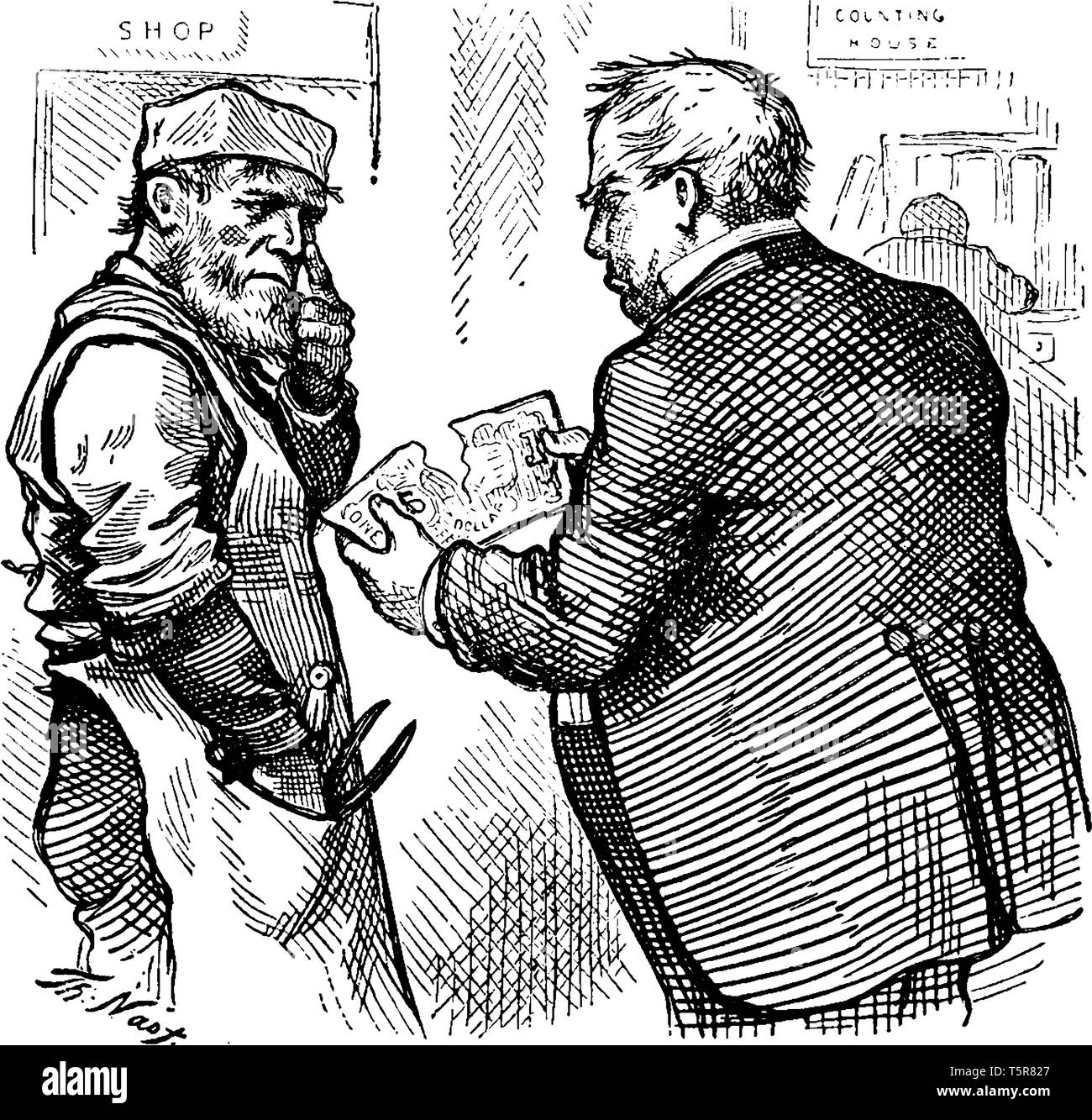 A man divided the dollar in front of another man, vintage line drawing ...