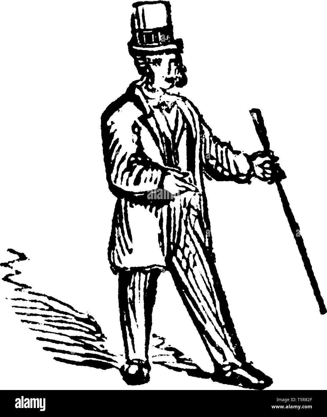 A man holding cane in one hand, vintage line drawing or engraving ...