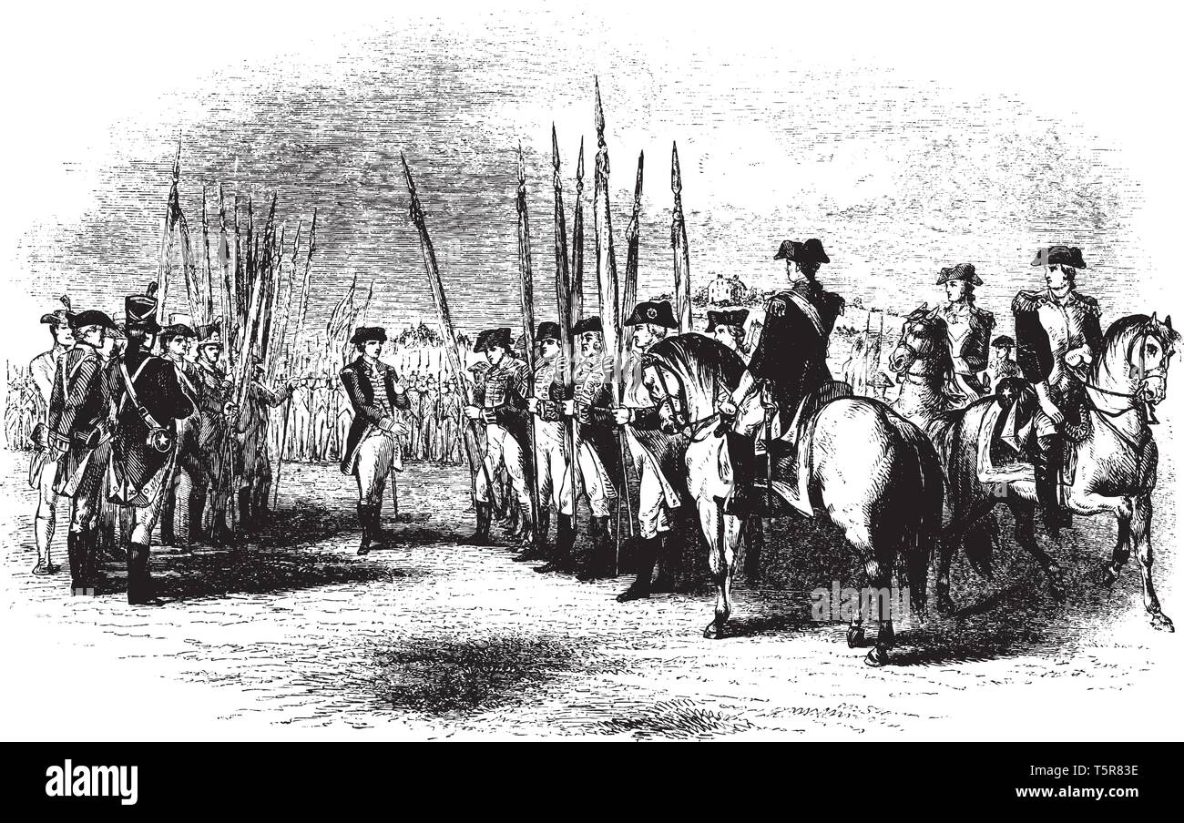 Surrender of British at Yorktown Virginia,vintage line drawing or ...