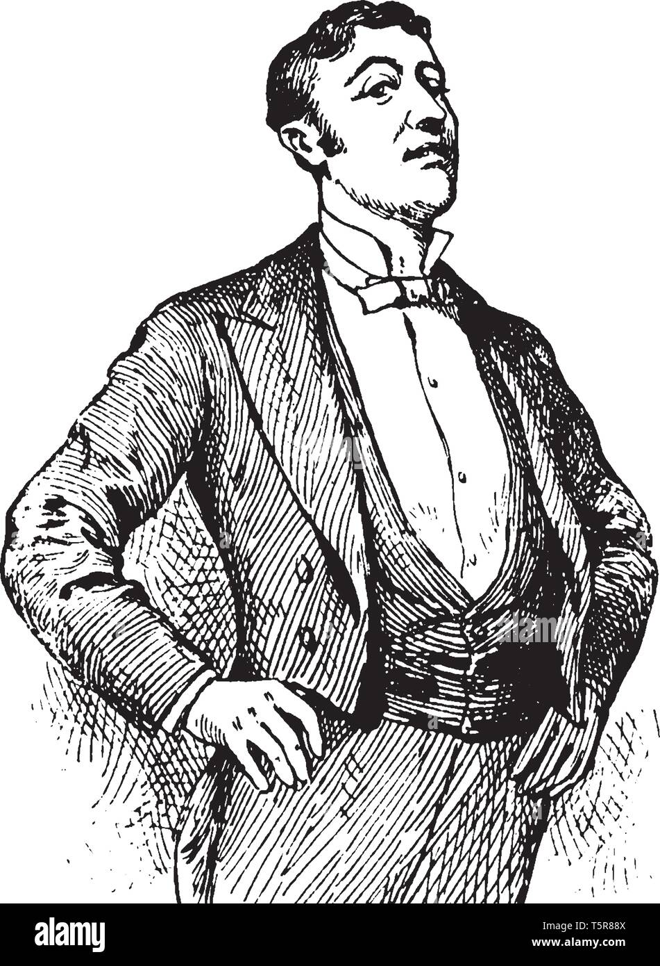 A man in tuxedo boasting, vintage line drawing or engraving ...