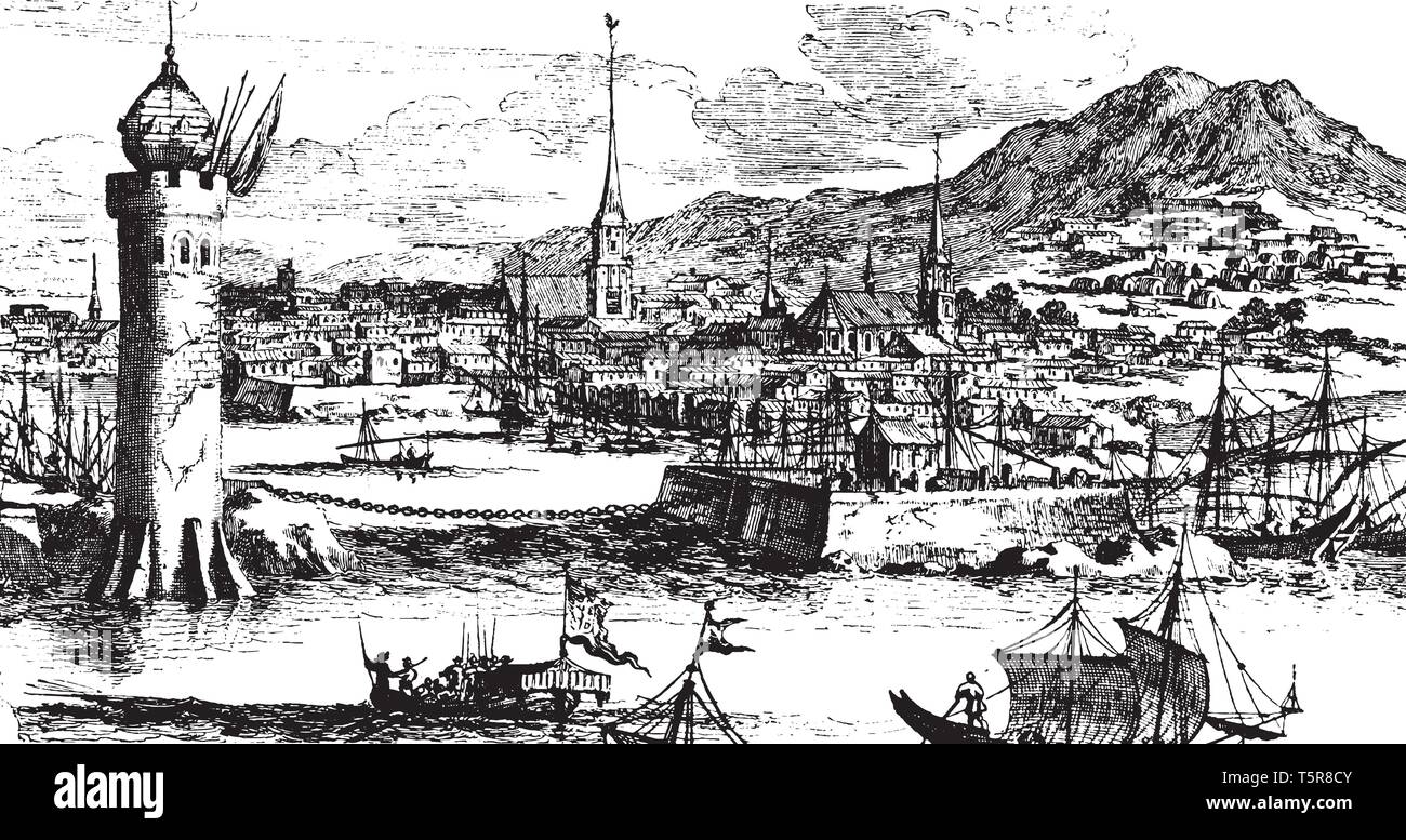 Havana when the Spaniards landed, vintage line drawing or engraving ...