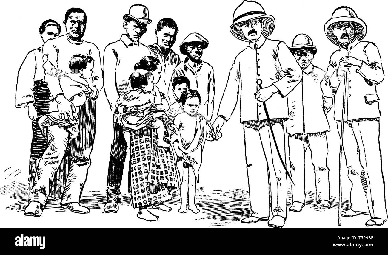 Group of men and children, vintage line drawing or engraving ...