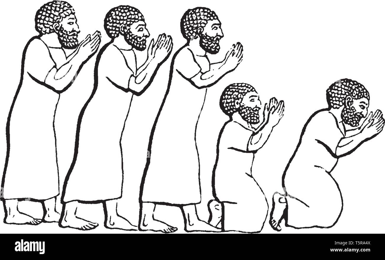 Five men standing in line and bowing, vintage line drawing or engraving ...
