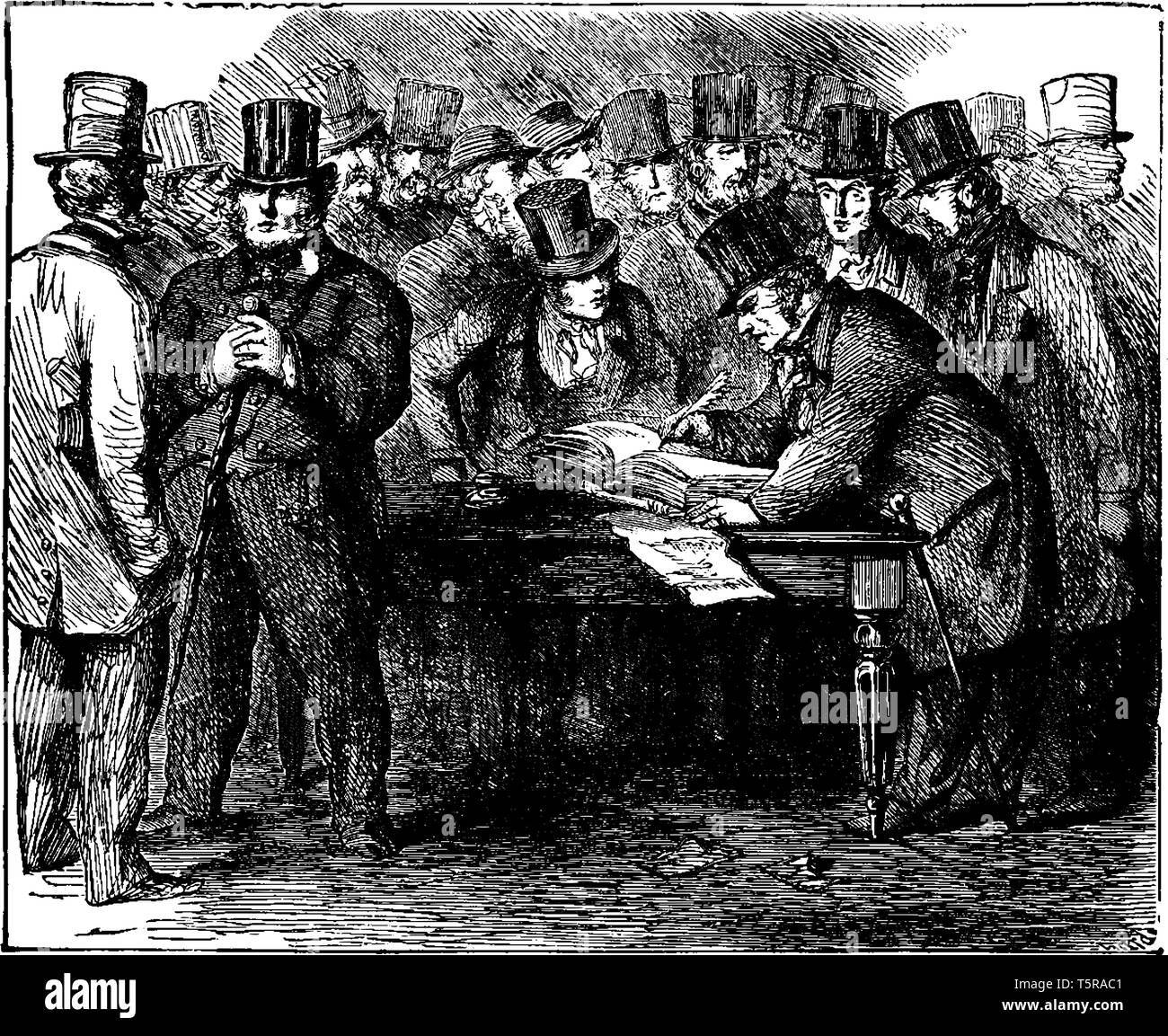 Group of men signing document, vintage line drawing or engraving ...