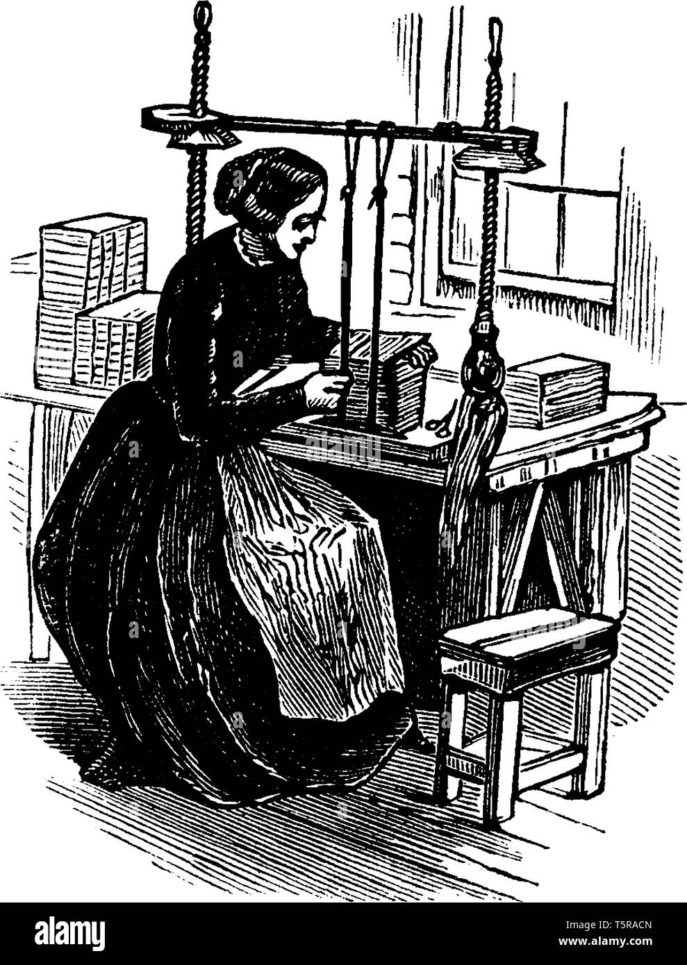 A woman binding books with machine, vintage line drawing or engraving ...