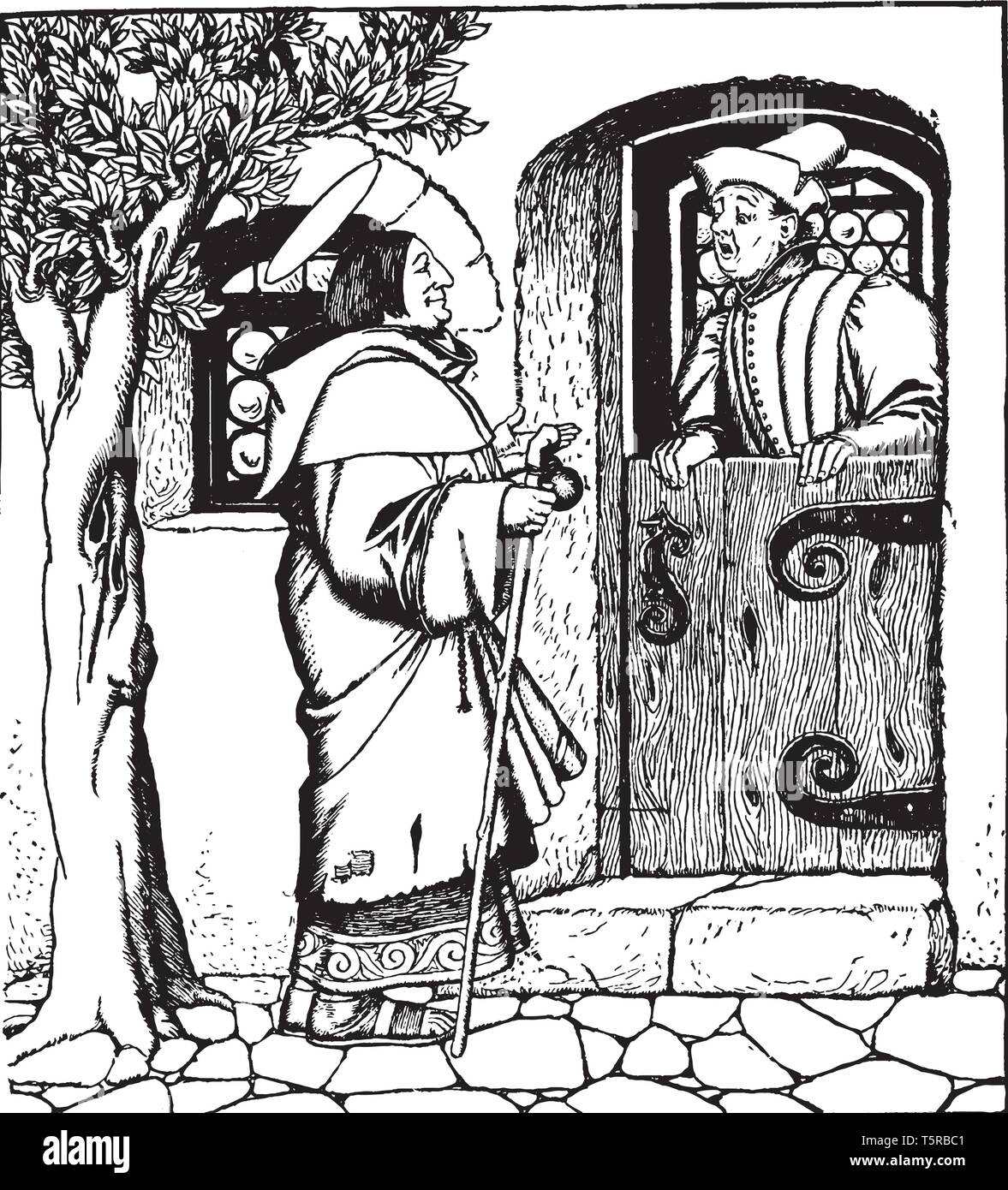 A poor man talking to another man standing at door, vintage line ...