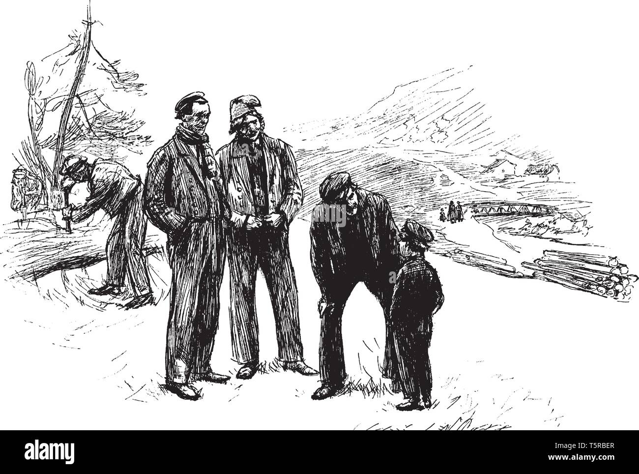 Three men talking to a boy, vintage line drawing or engraving ...