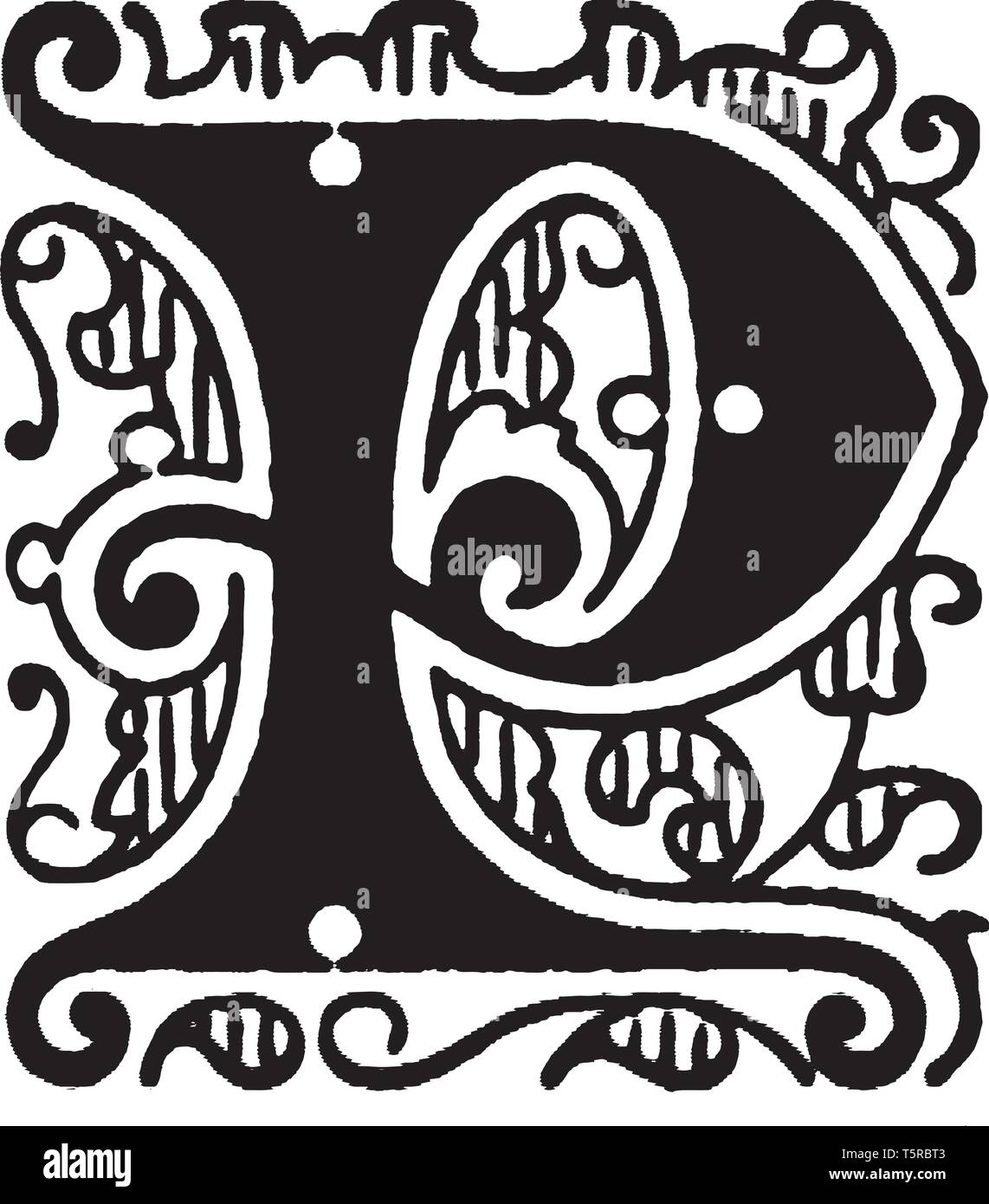 An ornamental and decorative letter P, vintage line drawing or ...