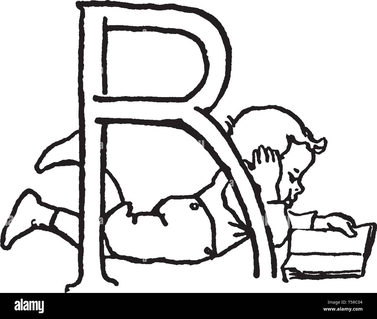 A capital letter R with baby, vintage line drawing or engraving ...