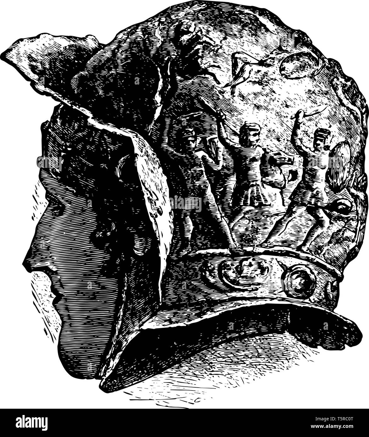 A decorated metal helmet used by the soldier, vintage line drawing or ...