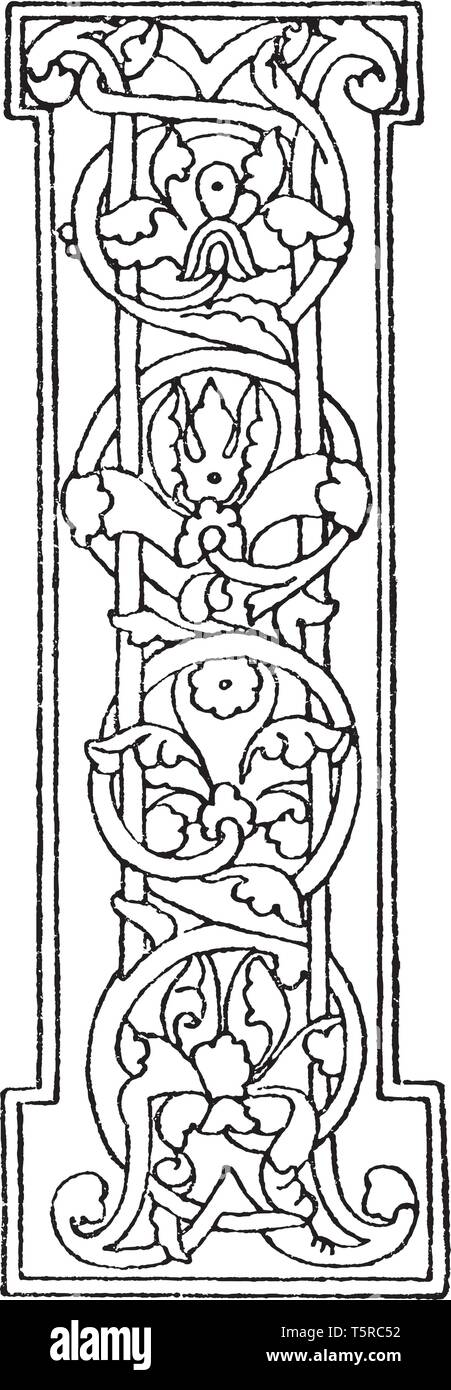 A letter I in Romanesque, vintage line drawing or engraving ...
