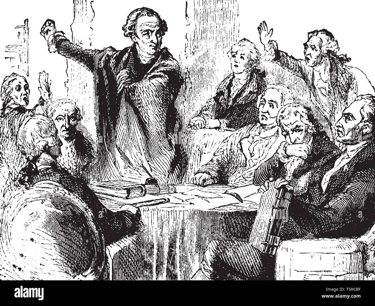 Group of men sitting around table, vintage line drawing or engraving ...