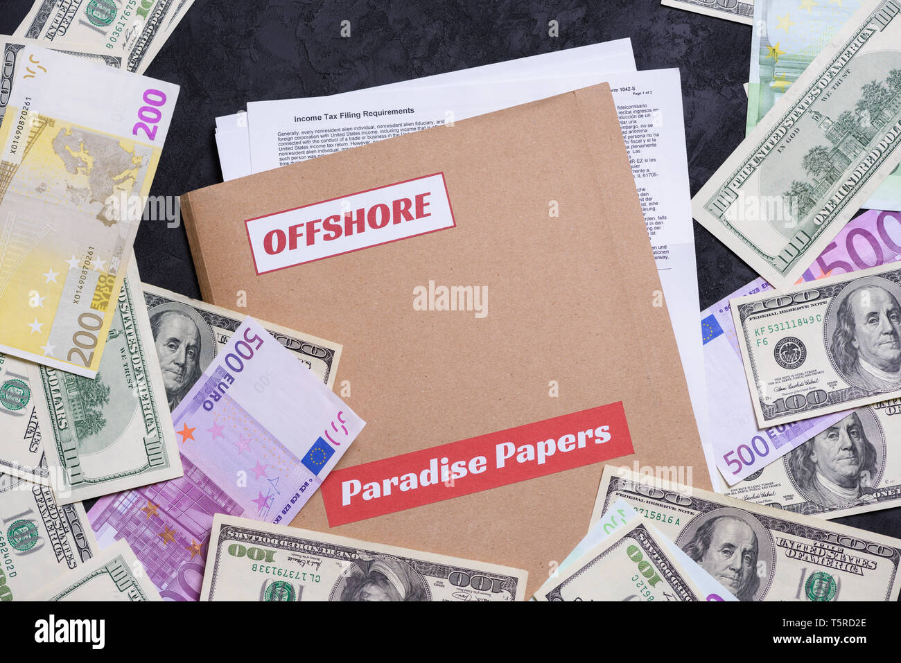 Folder with Paradise papers and offshore label on it with european and ...
