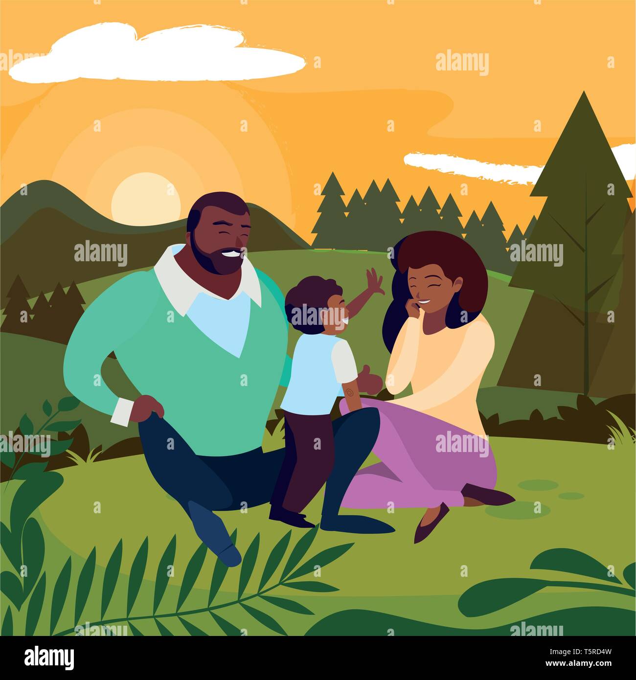 black parents couple with son in the landscape vector illustration ...