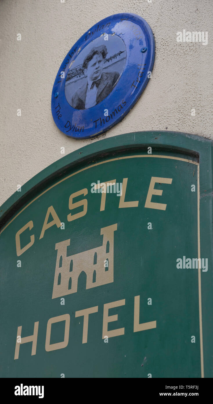 Plaque marking the late Welsh poet Dylan Thomas trail at the Castle ...
