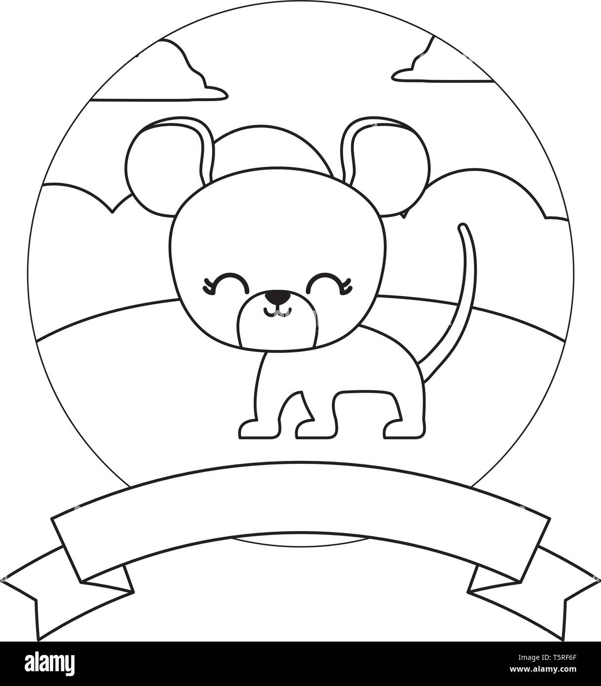 cute mouse in landscape with frame and ribbon vector illustration ...