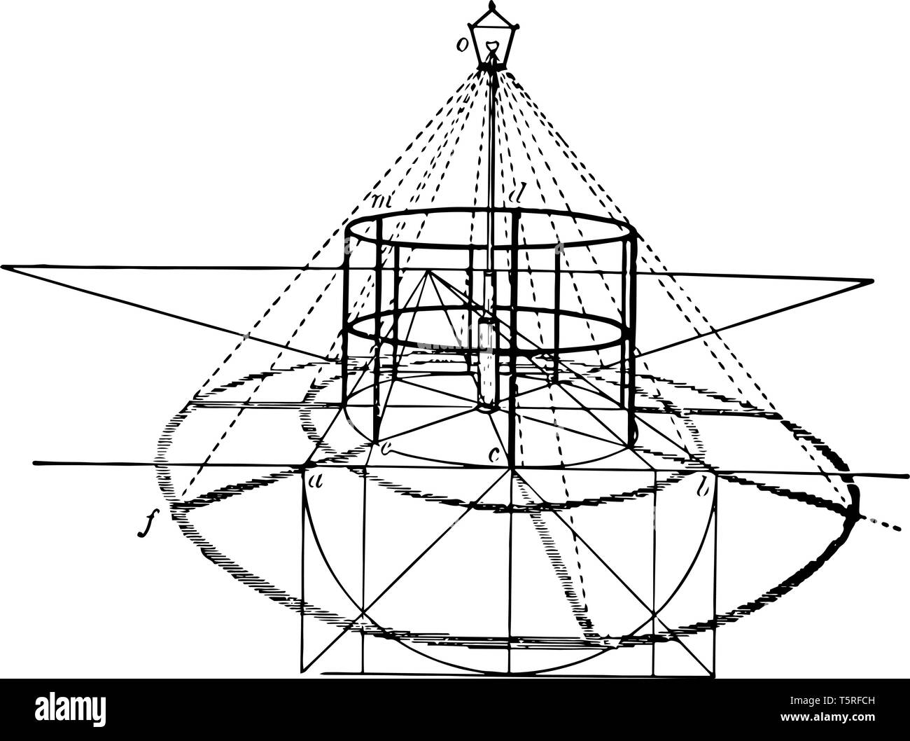 A shadow cast by the light of a street lamp, vintage line drawing or ...