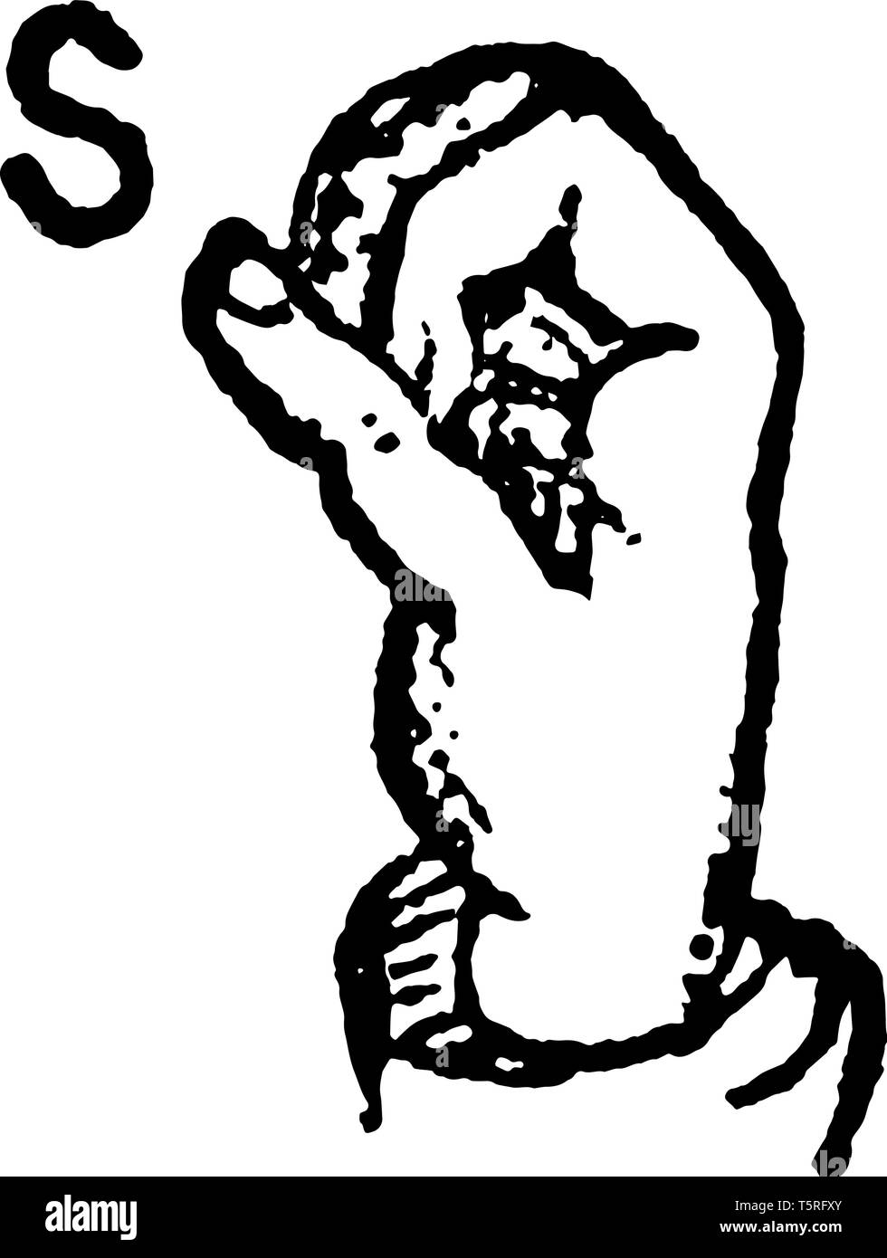 This image represents one handed Sign for S, vintage line drawing or ...