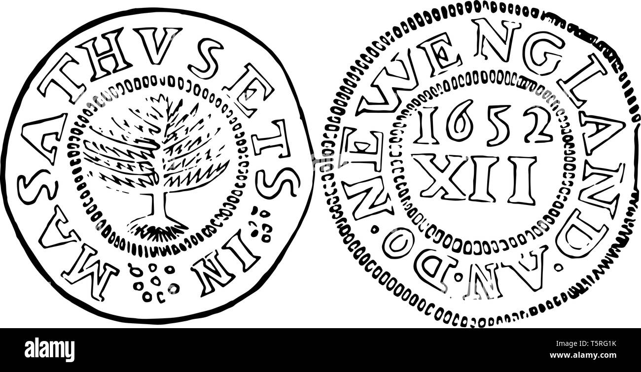 This is an image of Pine-Tree Shilling. This is the first money coined ...