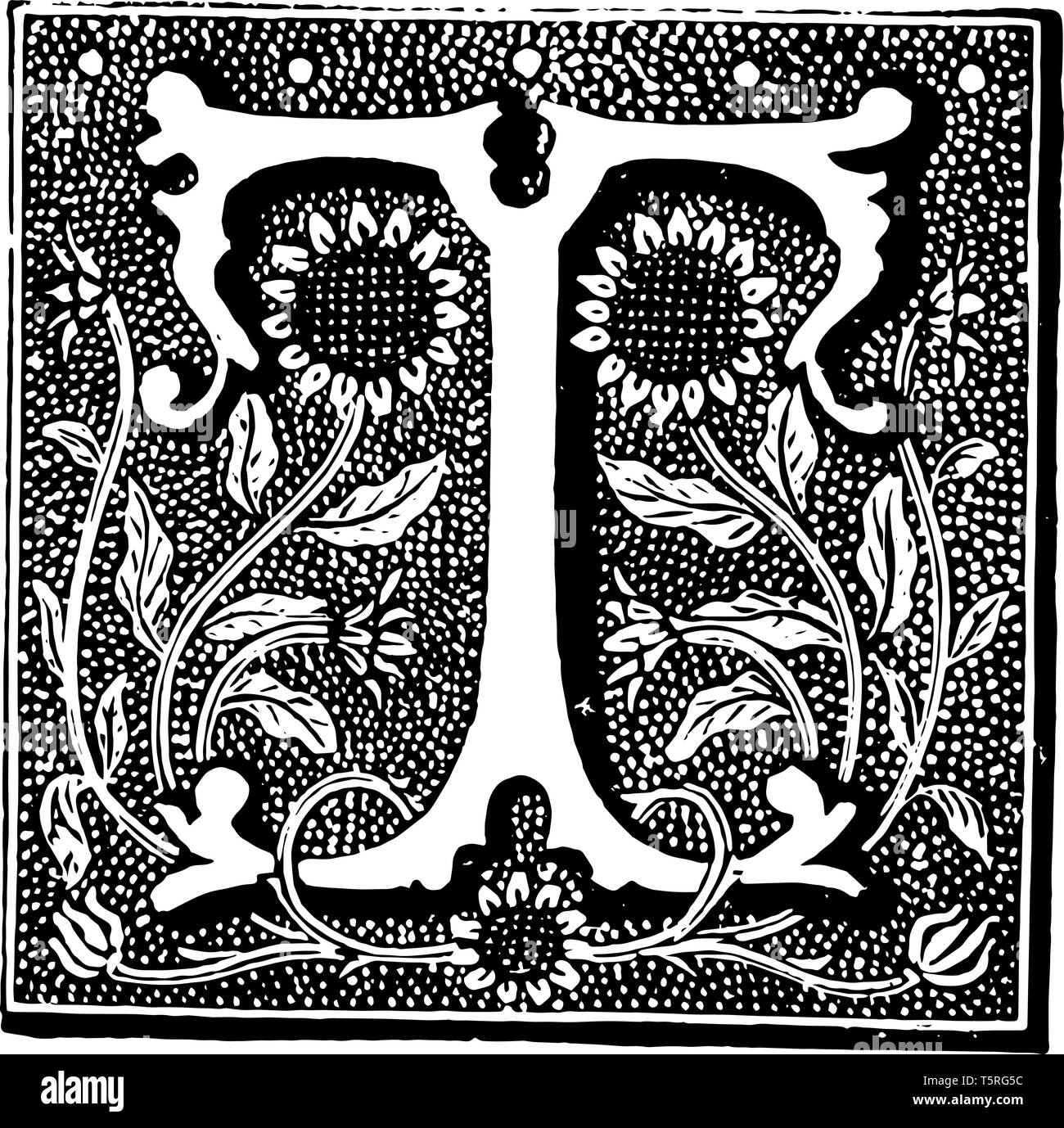 A picture of a decorative letter T with two sunflowers, vintage line ...