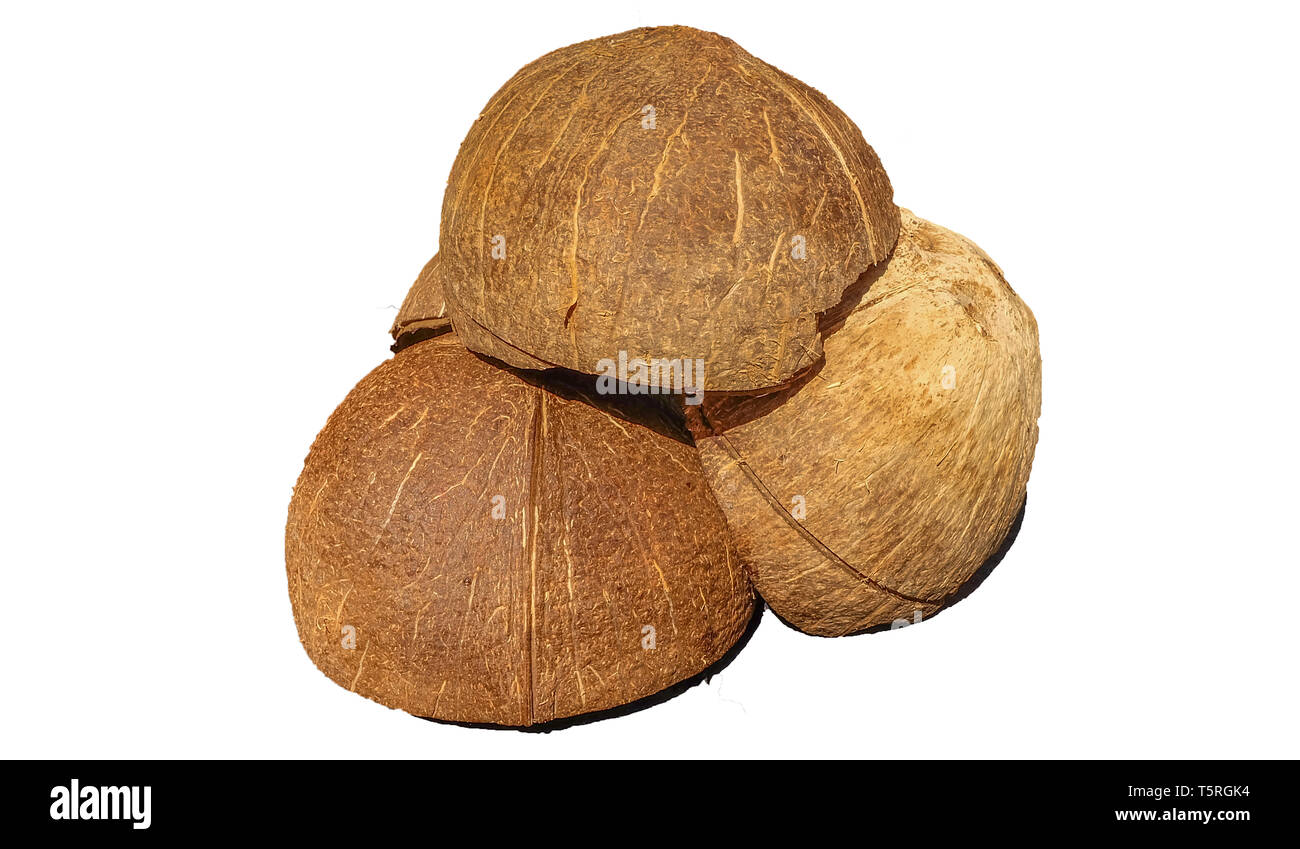 Coconut shell cut in half isolated over the white background Stock ...