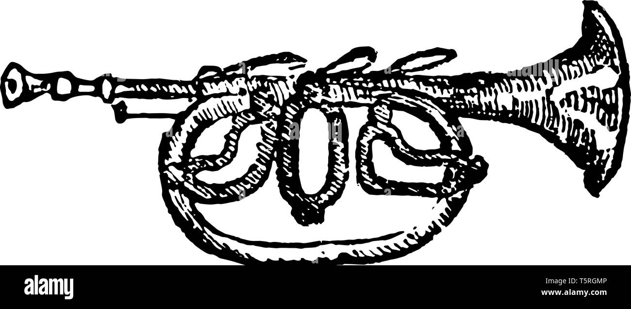 Cornet is a wind instrument blown with the mouth, vintage line drawing ...