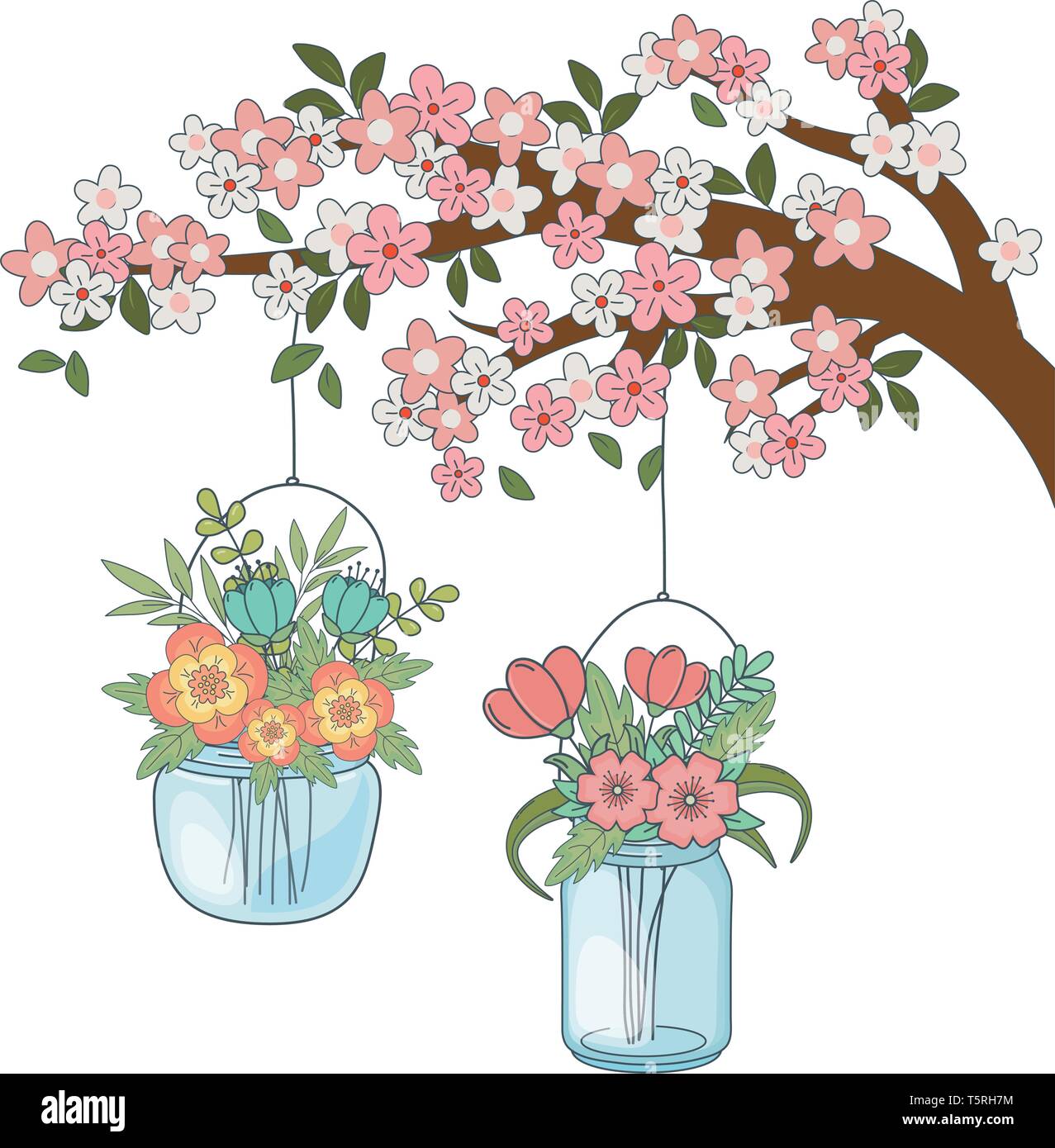 floral nature flowers with glass bottles hanging from tree cartoon ...