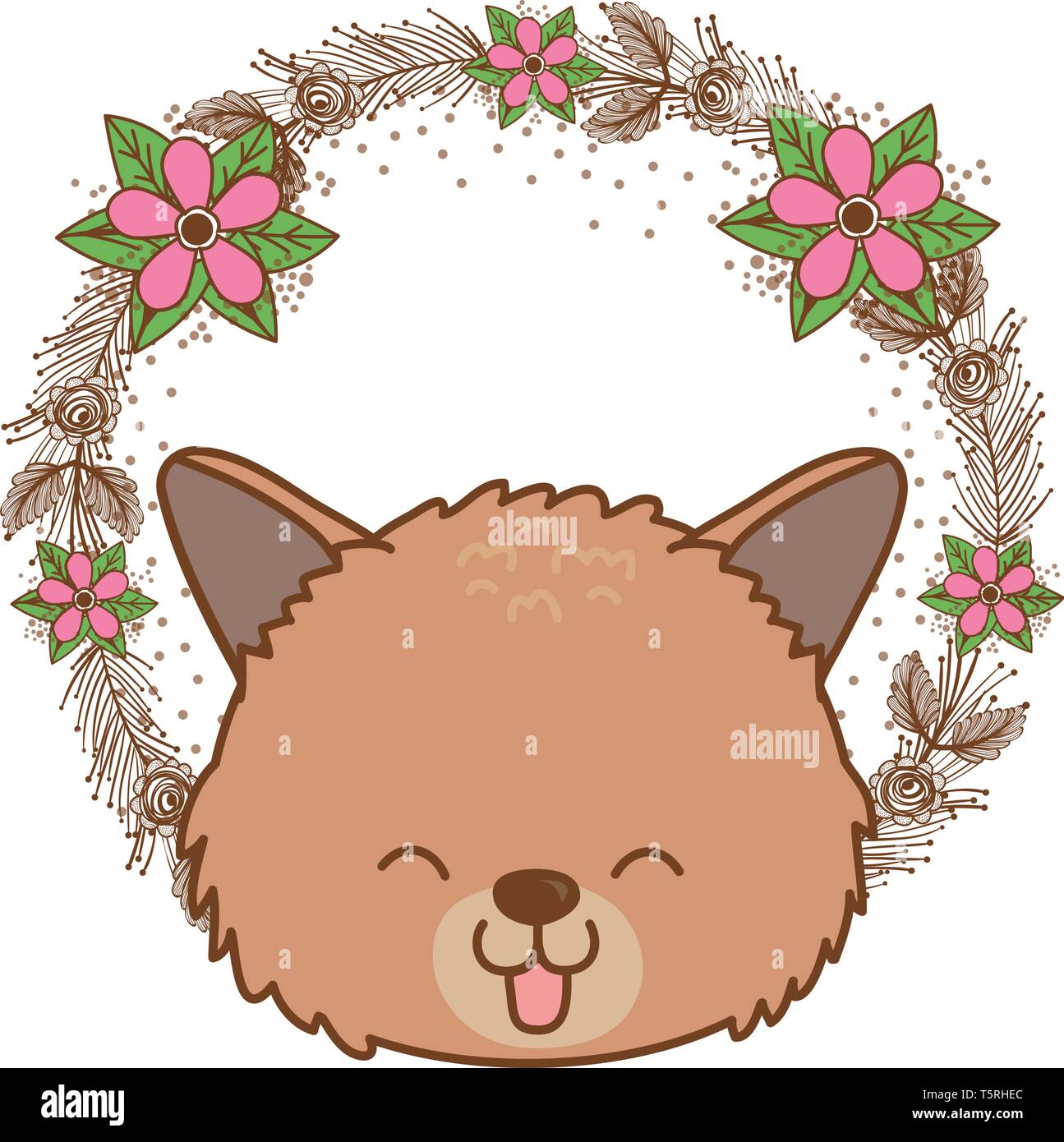 cute pet little animal cat kitty face flowers frame cartoon vector ...