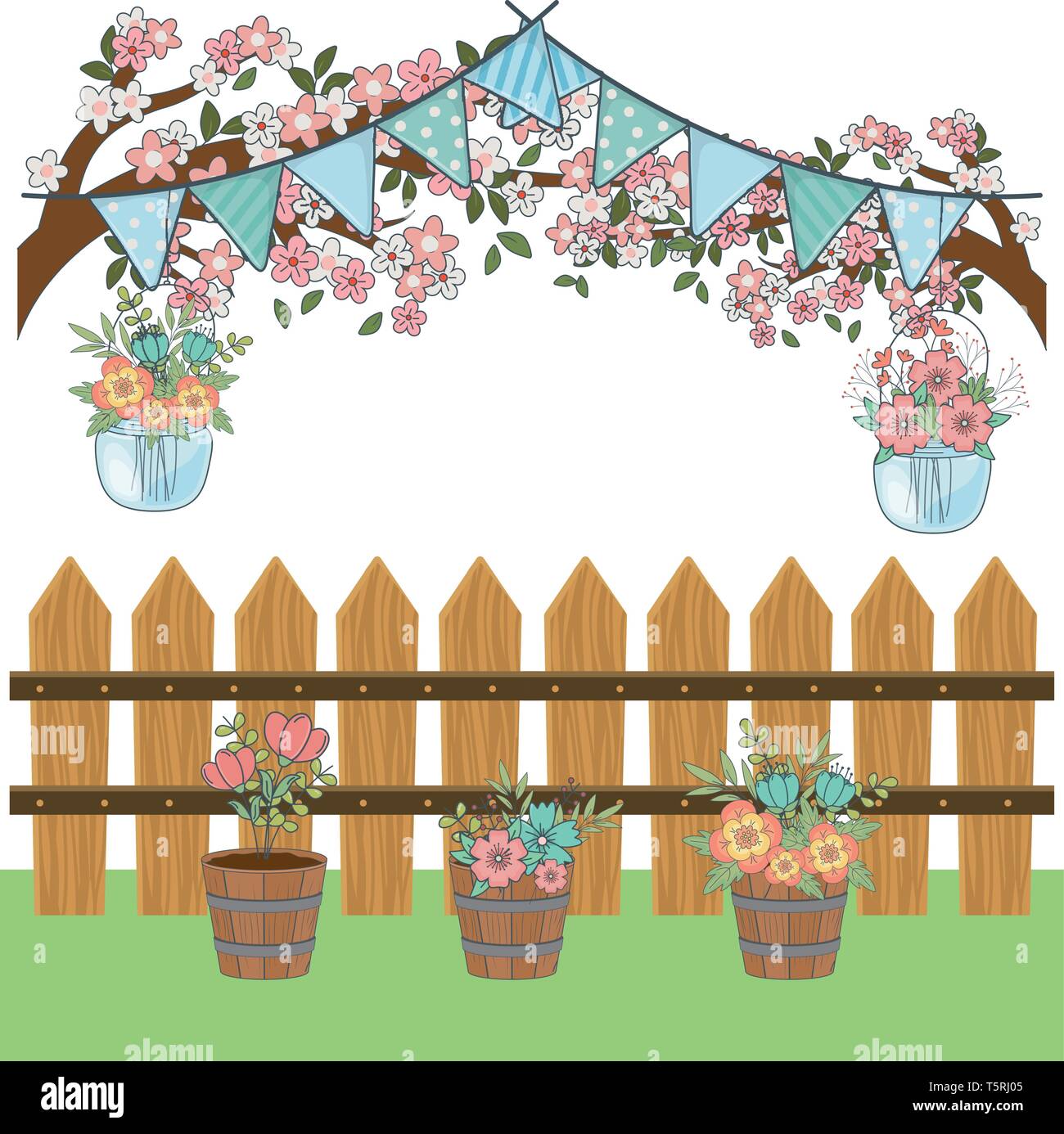 floral nature flowers garden in front wooden fence party scene cartoon ...