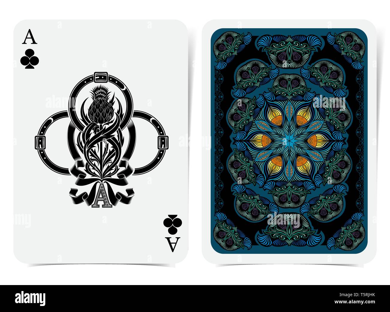 Ace of clubs face with thistle plant inside of clubs form from ribbon ...
