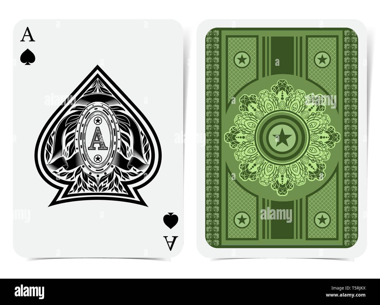 Ace of spades face with laurel wreath pattern and ribbon and back with ...
