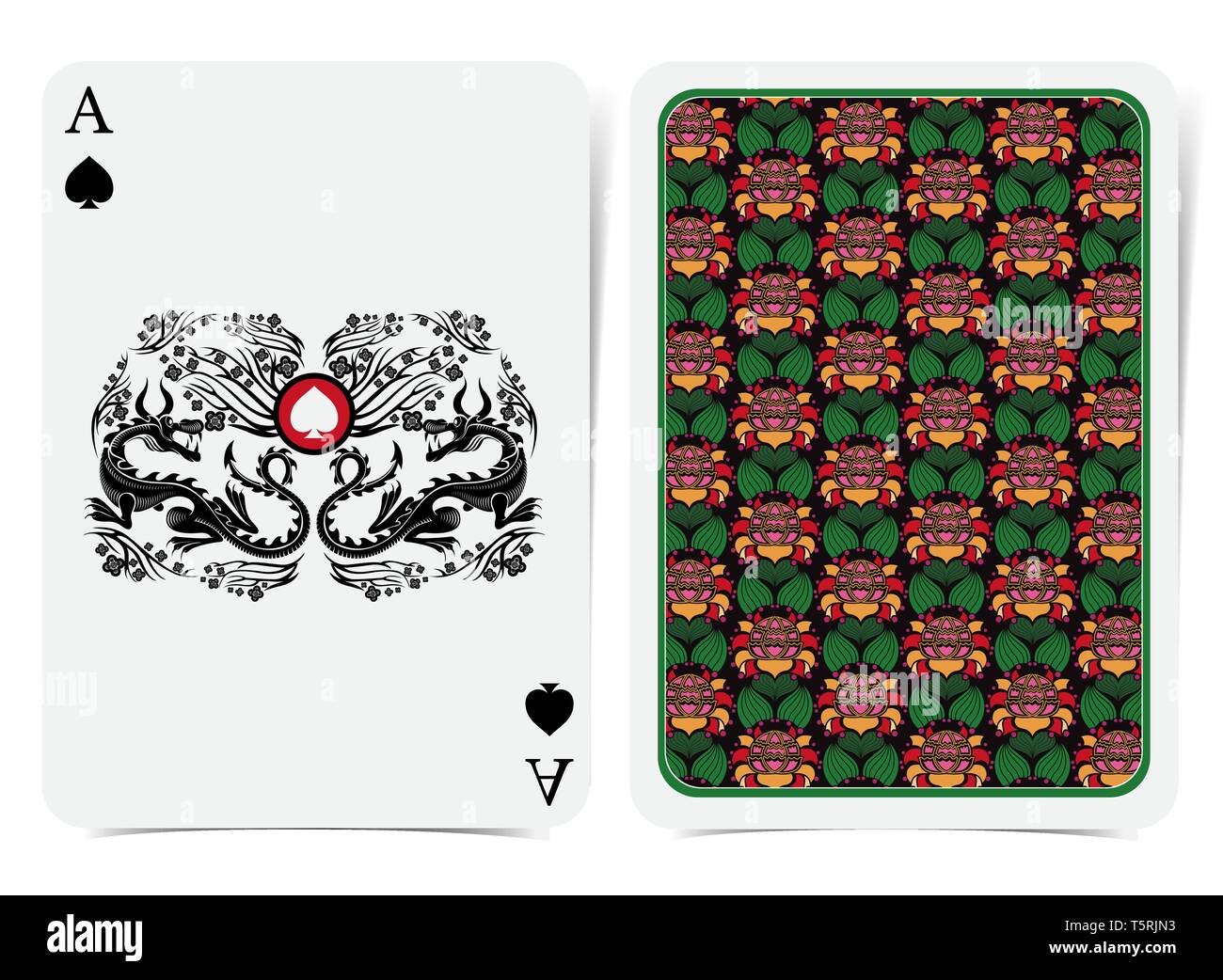 Ace of spades face with spades in round frame between two dragons with ...