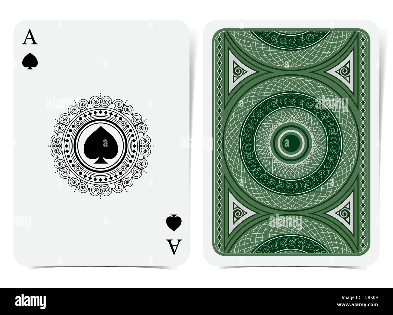 Ace of spades face with spades inside round curly frame and back with ...