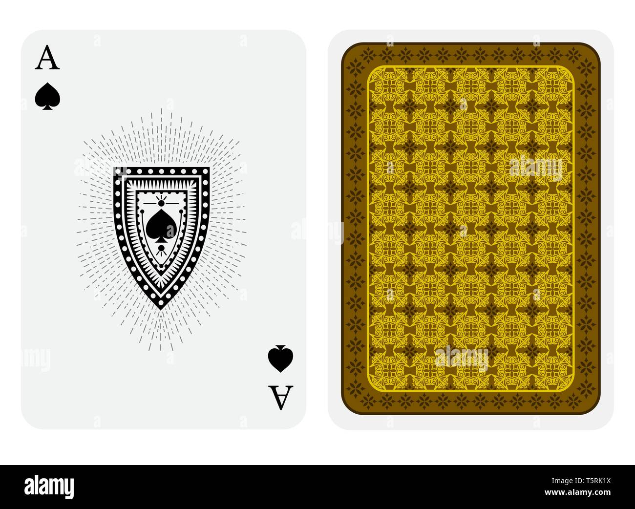 Ace of spades face with spades inside shield frame and back with gold ...
