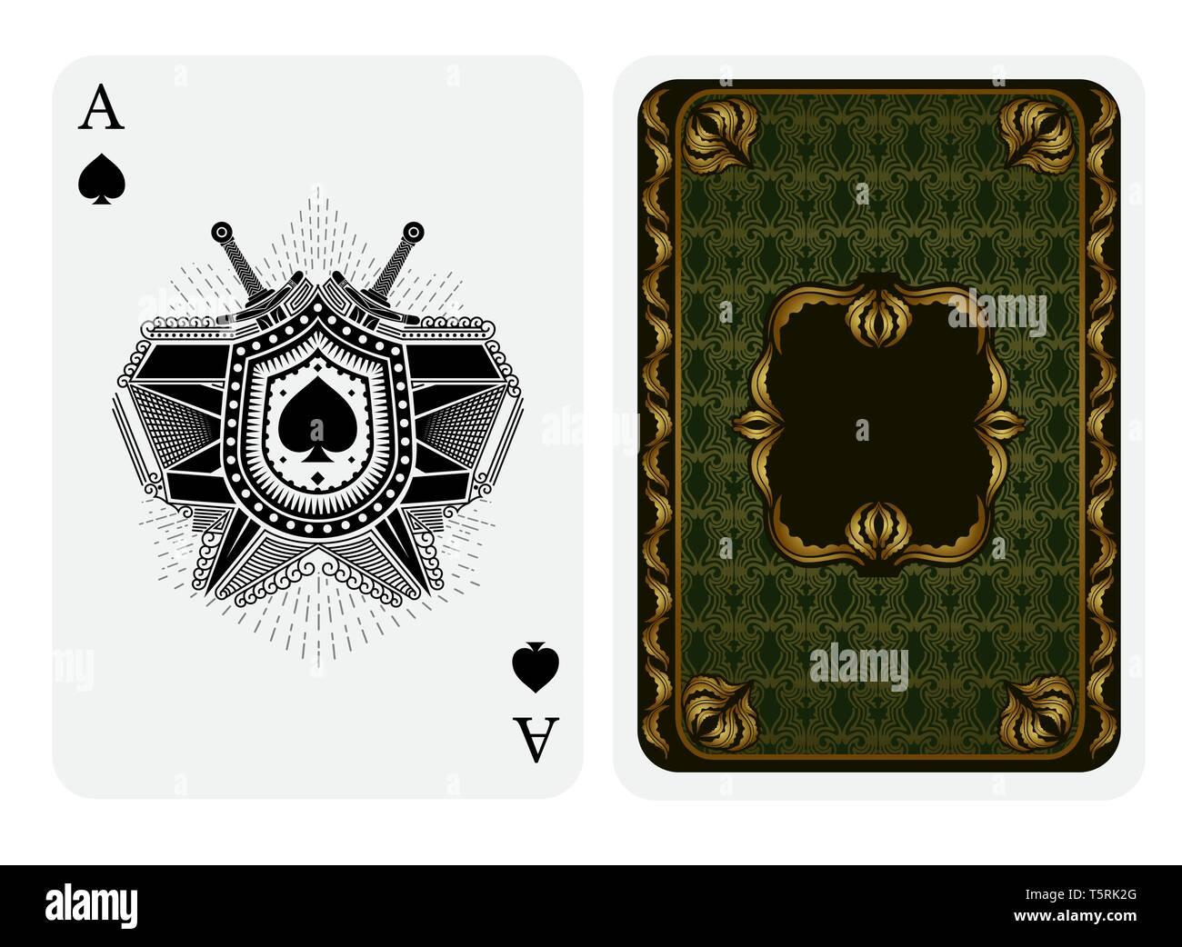 Ace of spades face with spades inside shield with swords and back side ...