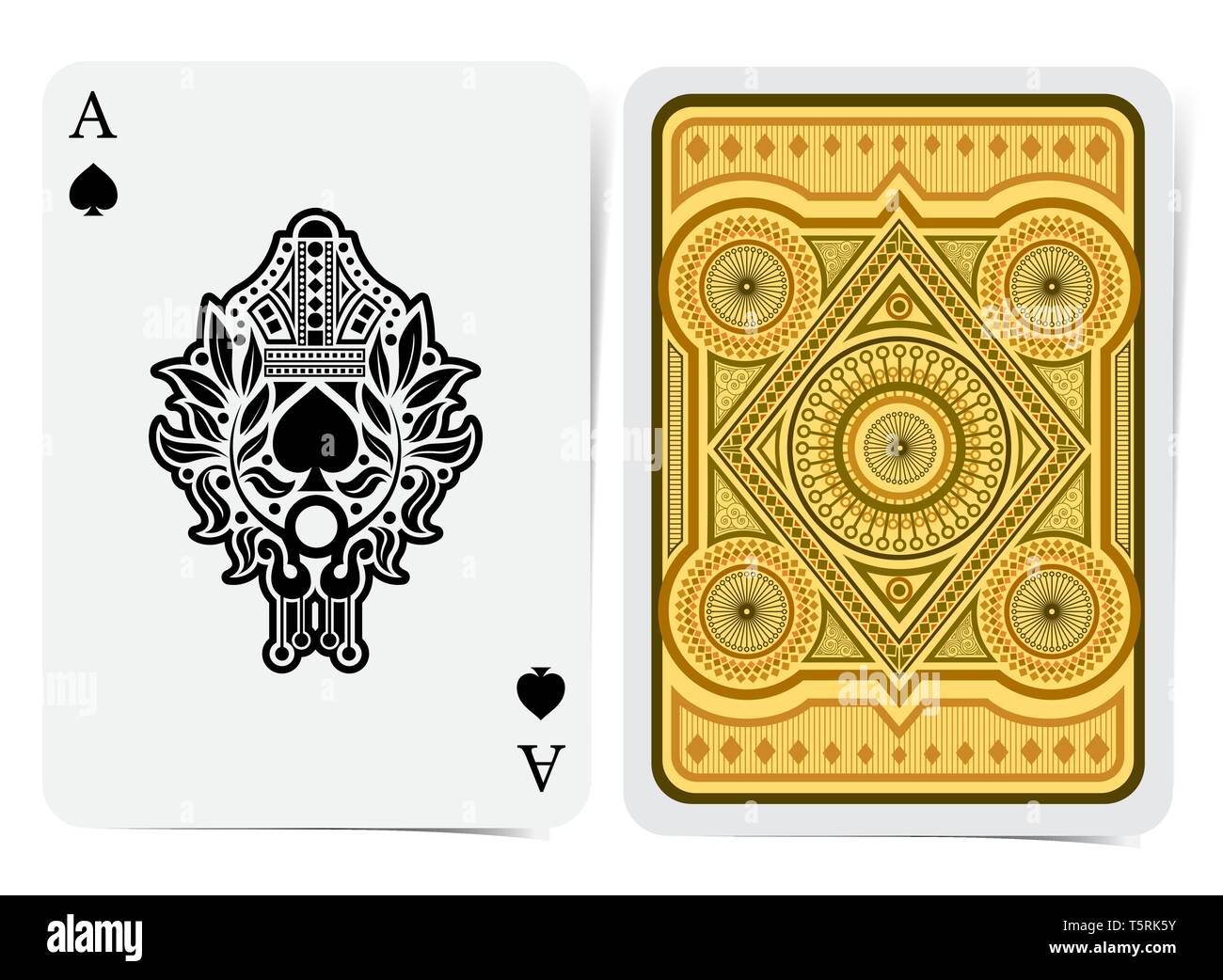 Ace of spades face with spades inside wreath with crown and back with ...