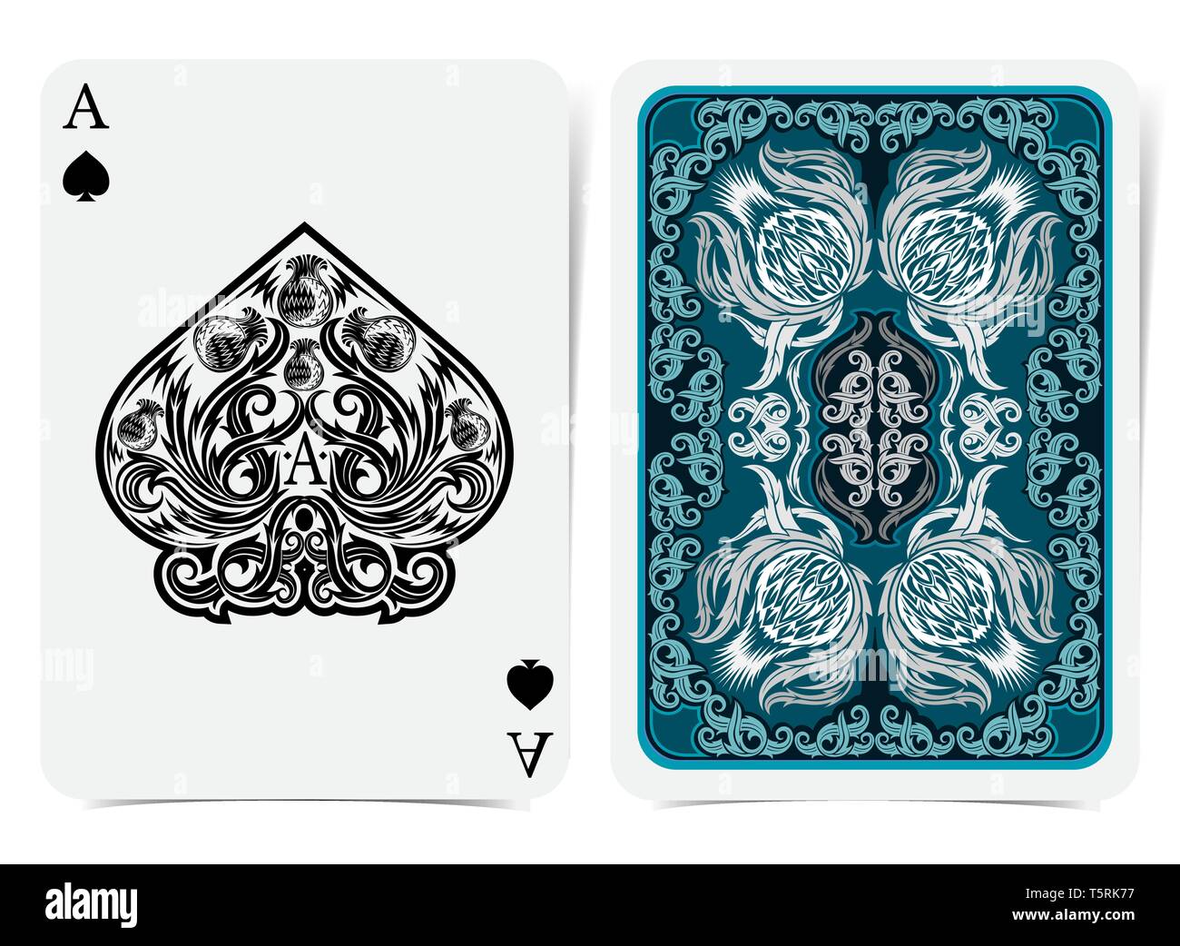 Ace of spades face with thistle plant pattern and back with blue and ...